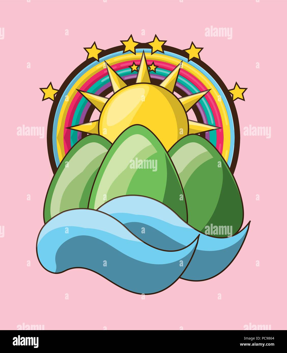 mountains and sun over pink background, colorful design. vector ...