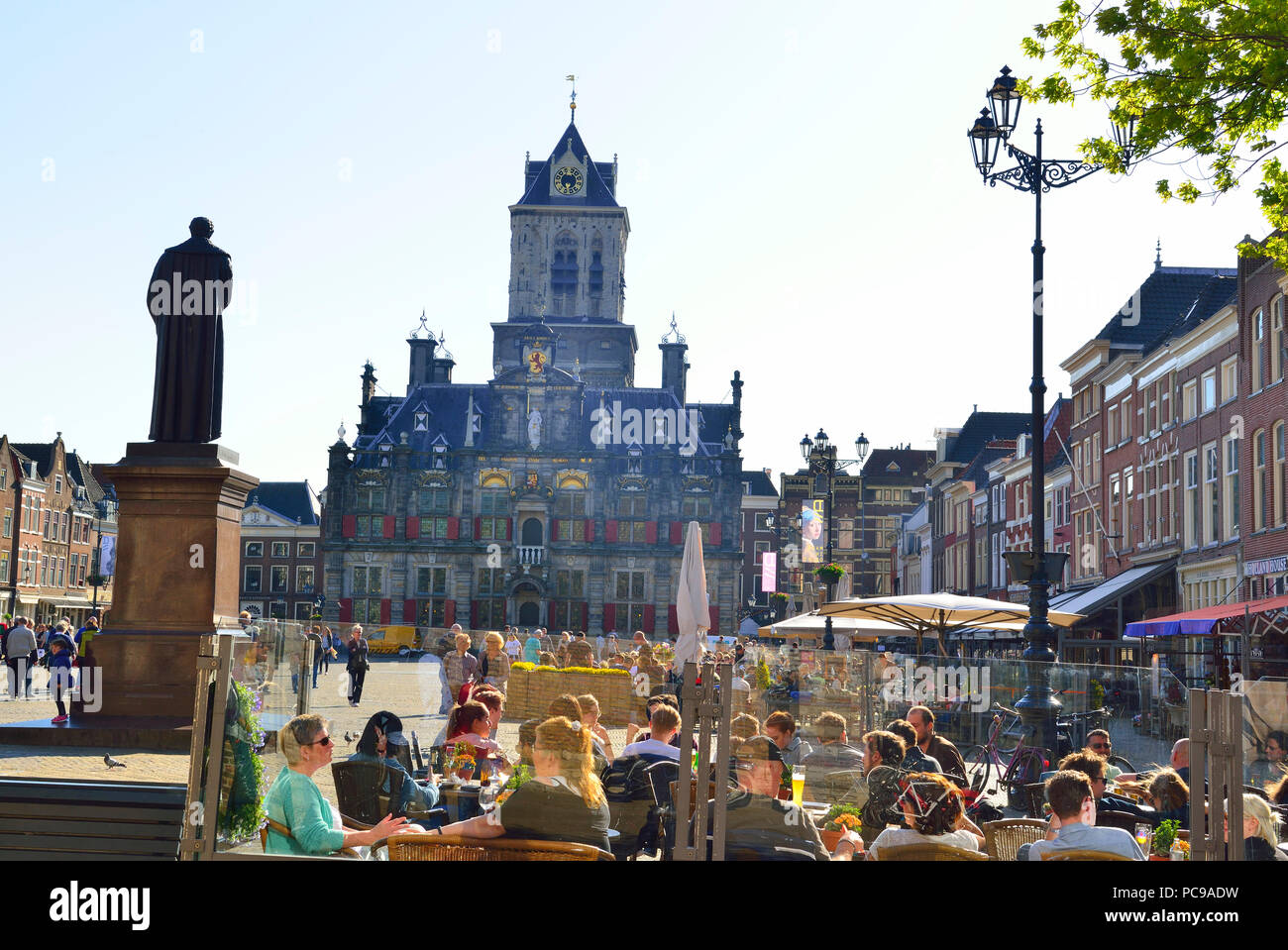 The main square or Markt Square in the centre of Delft with a view of ...