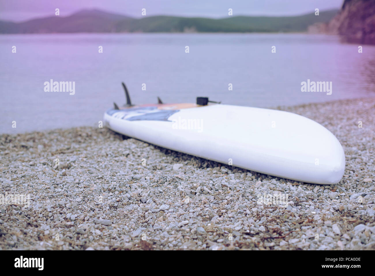 Defocus SAP Board lies on the beach seashore summer landscape ...