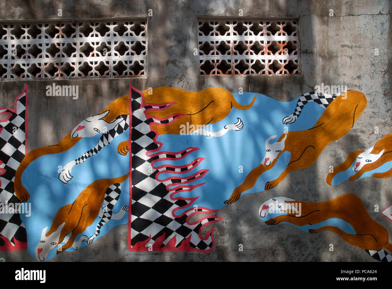Cat mural painted on wall, Ubud, Bali, Indonesia Stock Photo - Alamy