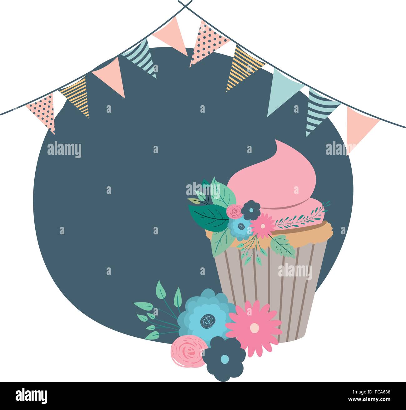 cupcake with flowers and garlands circular frame Stock Vector Image ...
