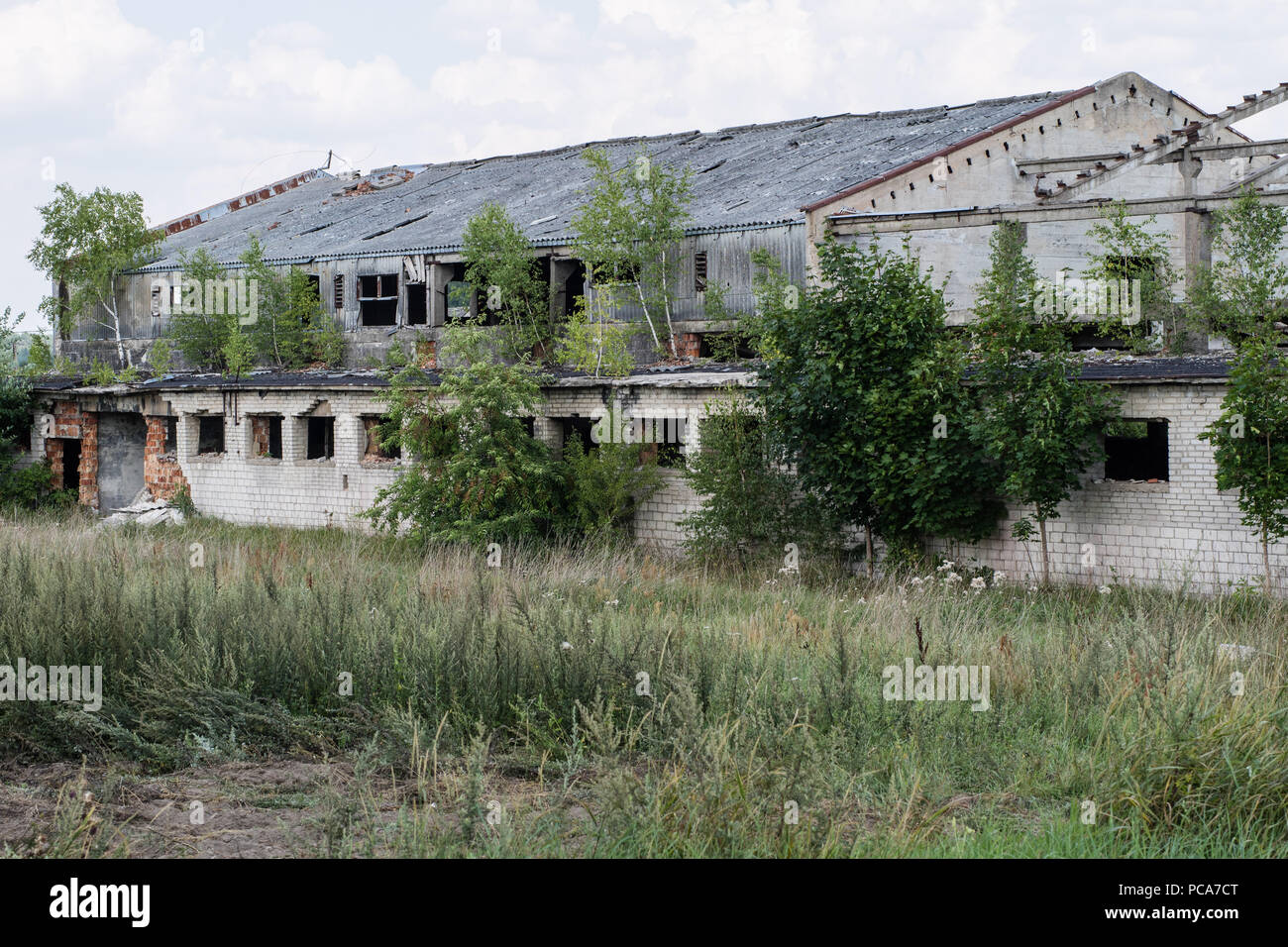 Destroyed state farm in Central Europe. Ruins of farm buildings. Season ...