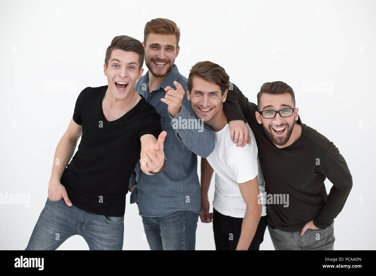 Men pointing at something with their fingers. Isolated White Background ...