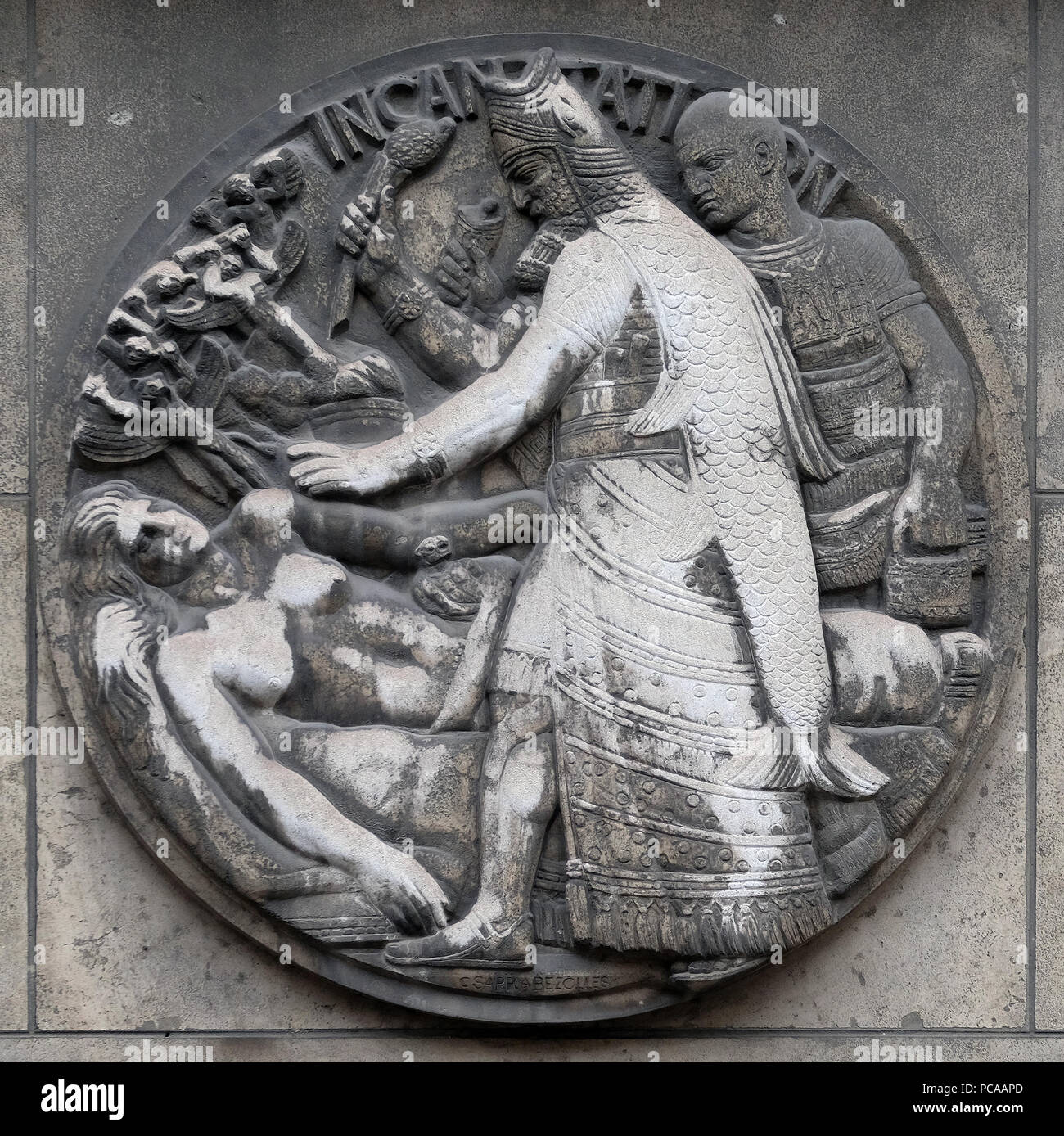 Incantation. Stone relief at the building of the Faculte de Medicine ...