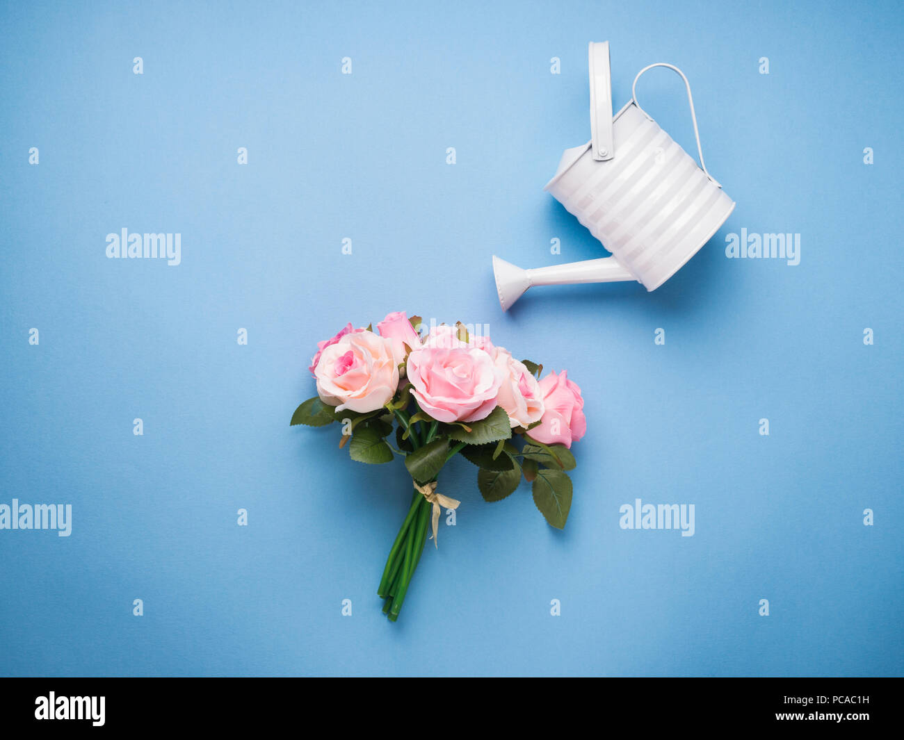 Minimal flat lay with watering concept on blue pastel background. Pink ...
