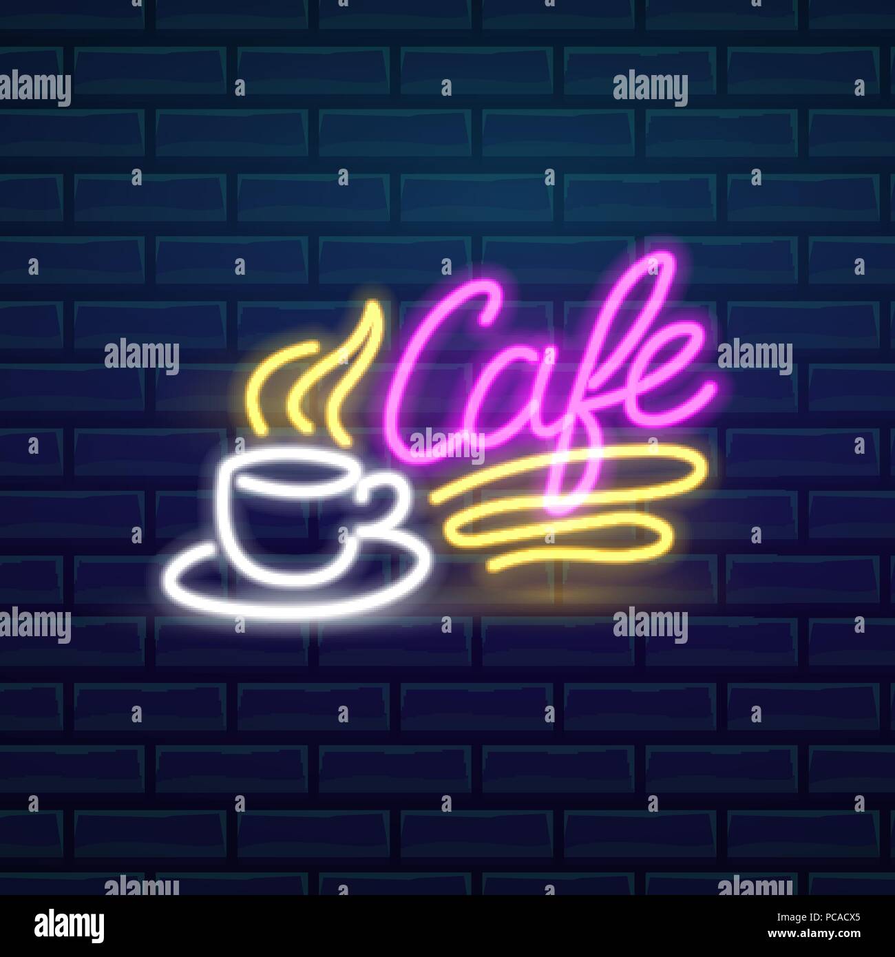 Set of fashion neon sign. Night bright signboard Cafe, Glowing light ...