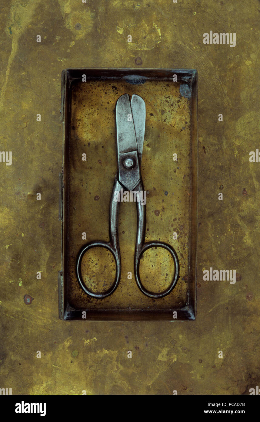 Brass tin containing vintage scissors with short blades Stock Photo - Alamy