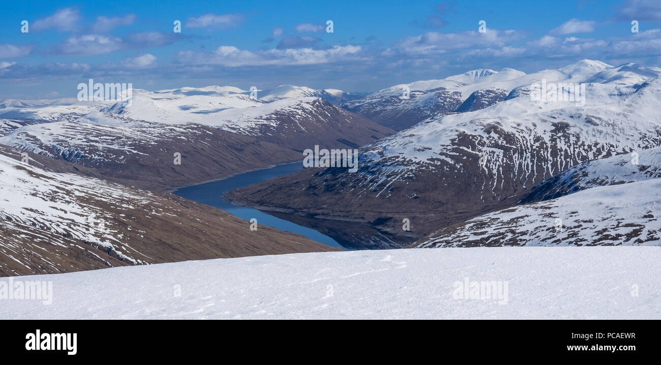 Looking down to Loch Lyon and Glen Lyon from the summit ridge of Beinn ...