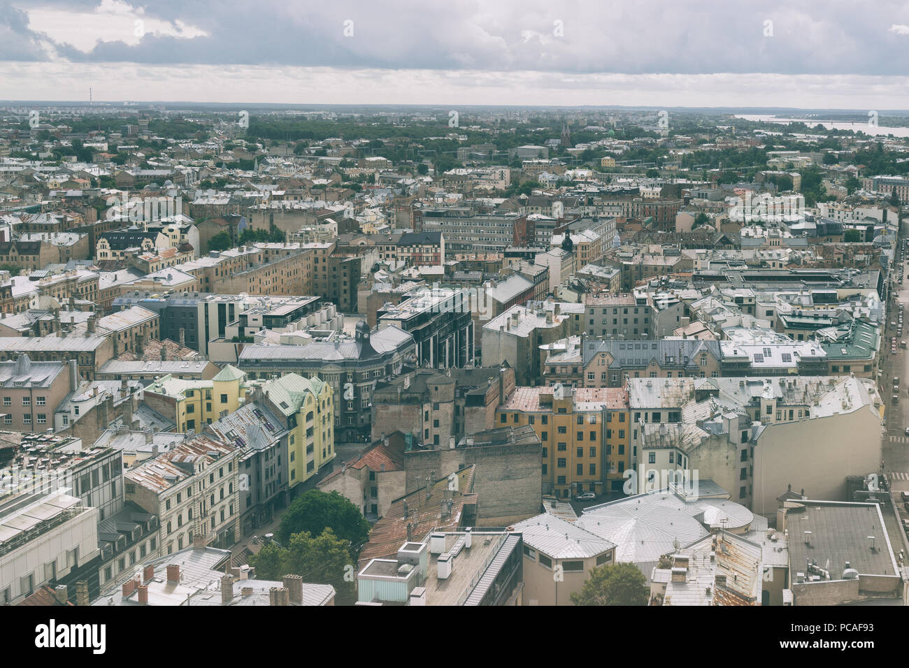 Roofs of houses and streets of the center of Riga from the height of a ...