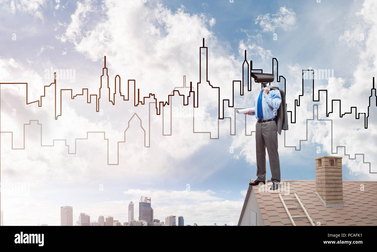 Concept of home security and privacy protection with camera headed man ...