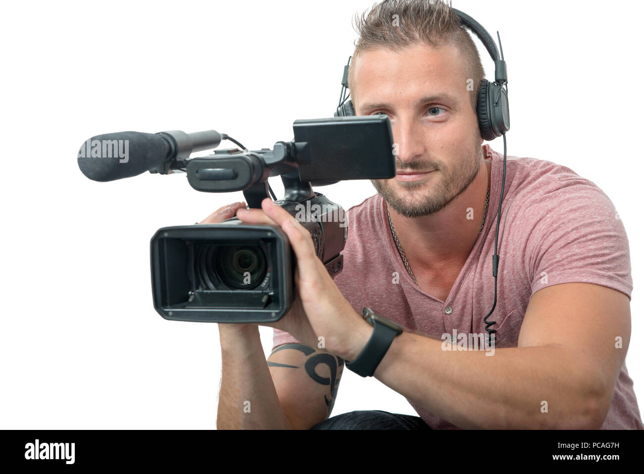 a man with professional camcorder isolated on white background Stock ...
