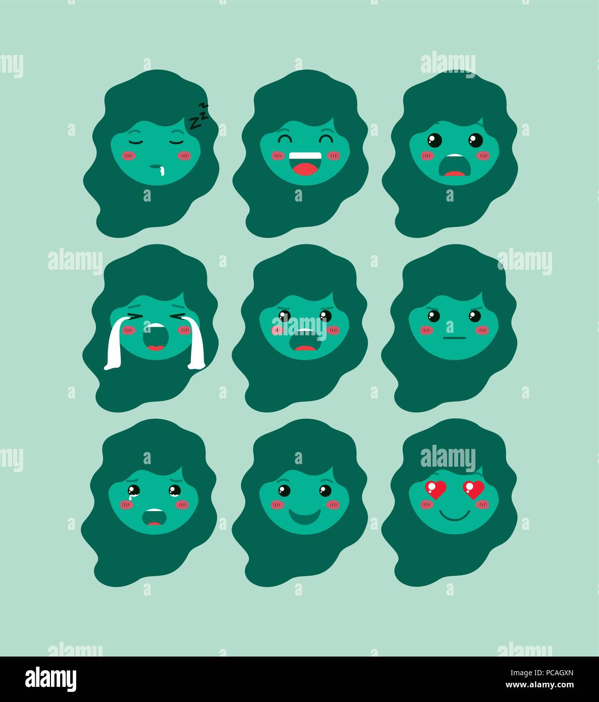 little green girls emoticon set kawaii characters Stock Vector Image ...