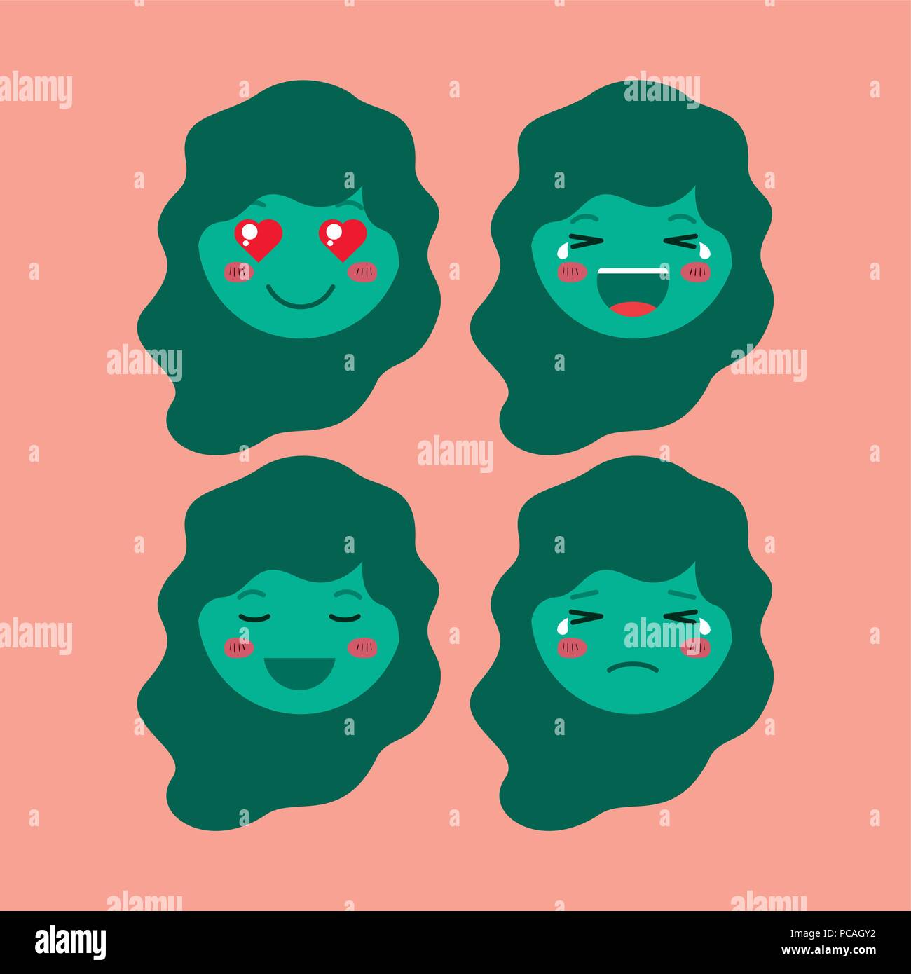 little green girls emoticon set kawaii characters Stock Vector Image ...