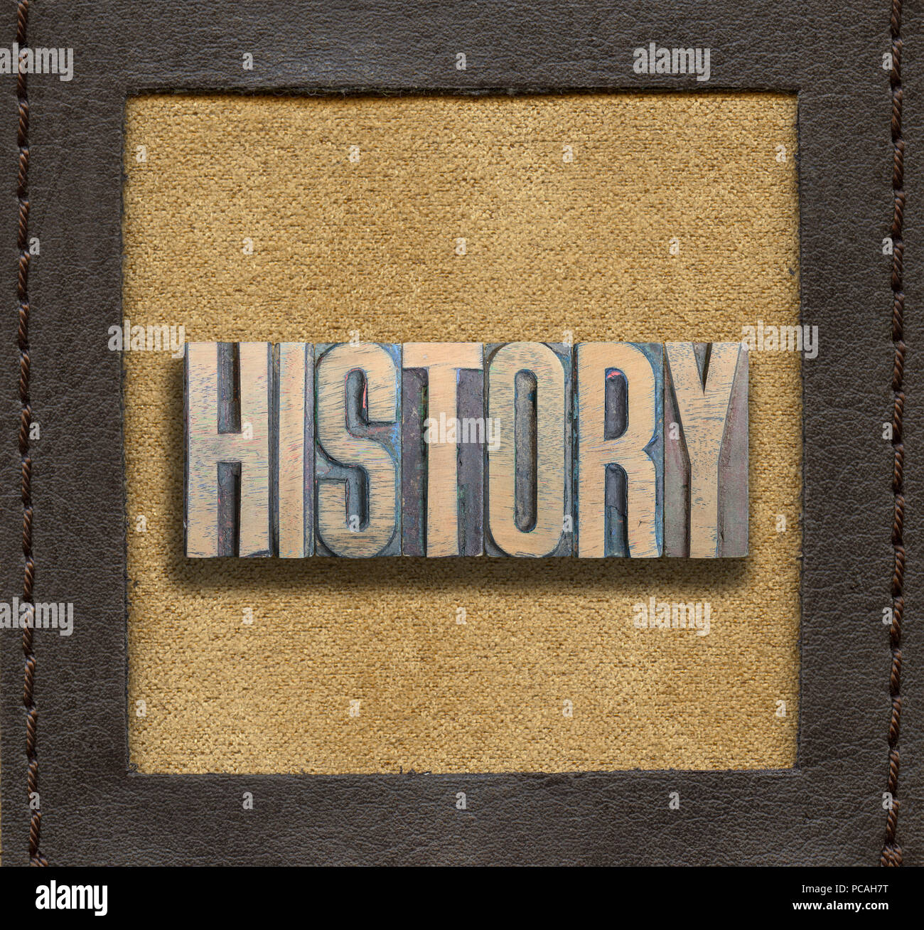 HISTORY word assembled from vintage wooden letterpress inside stitched ...