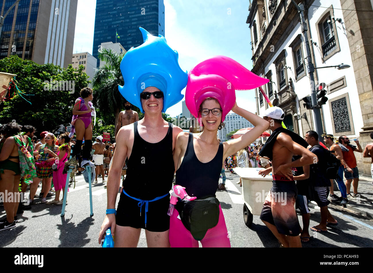 South America, Brazil - February 11, 2018: Friends attend the street ...