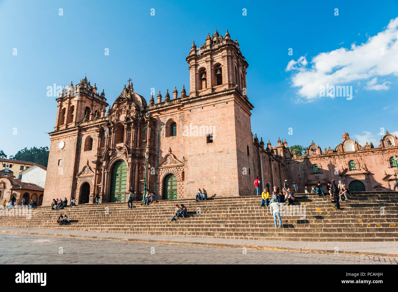 View of the stone facade of the Cathedral of Cusco. Located in Plaza de ...