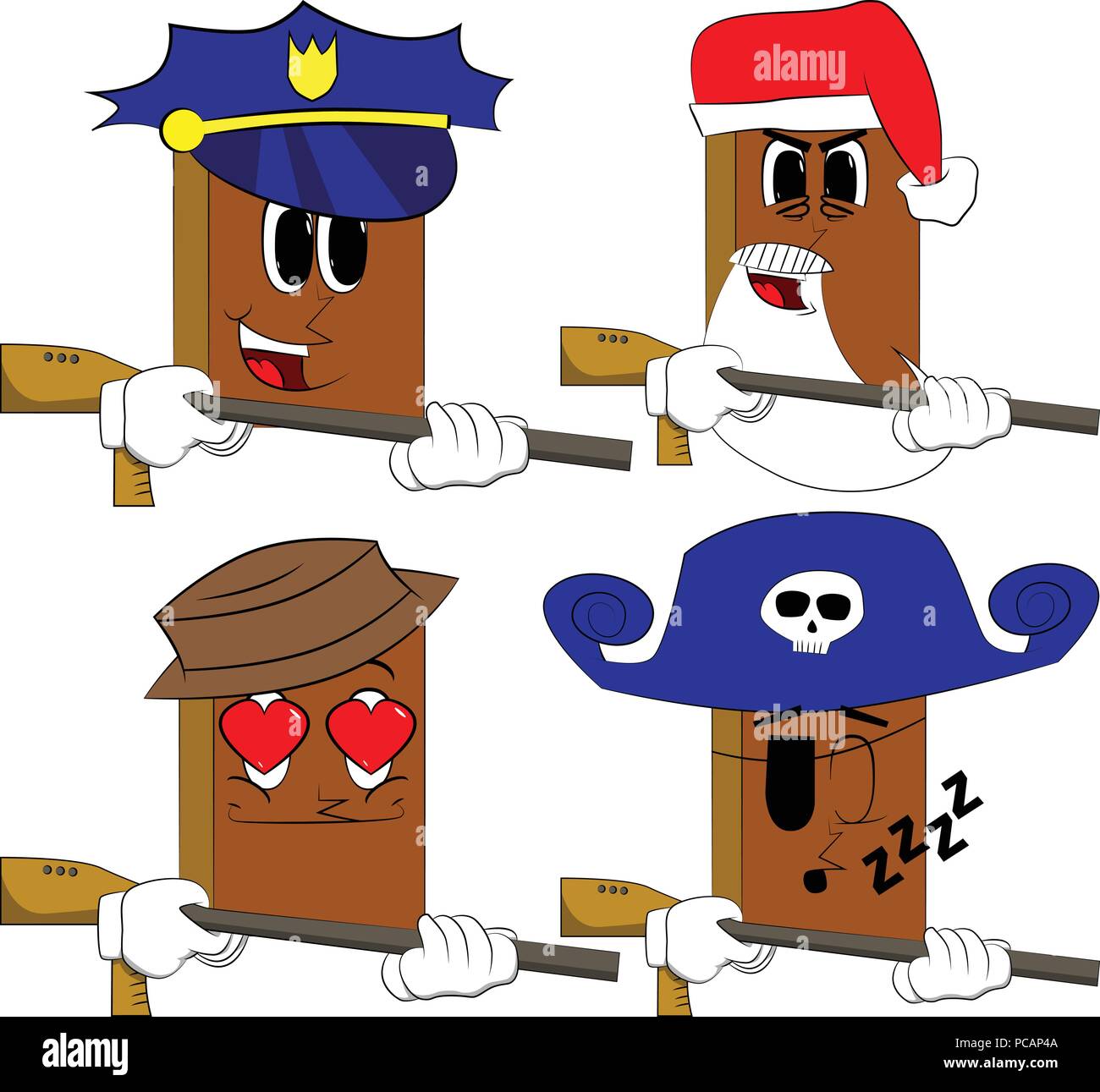 Books with a big gun. Cartoon book collection with costume faces ...