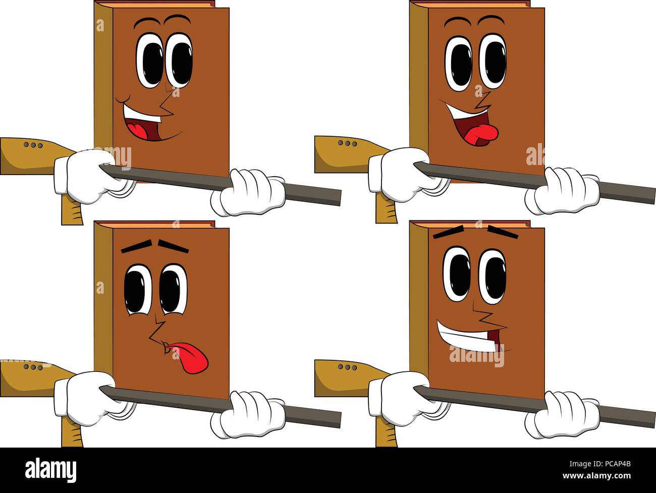 Books with a big gun. Cartoon book collection with happy faces ...