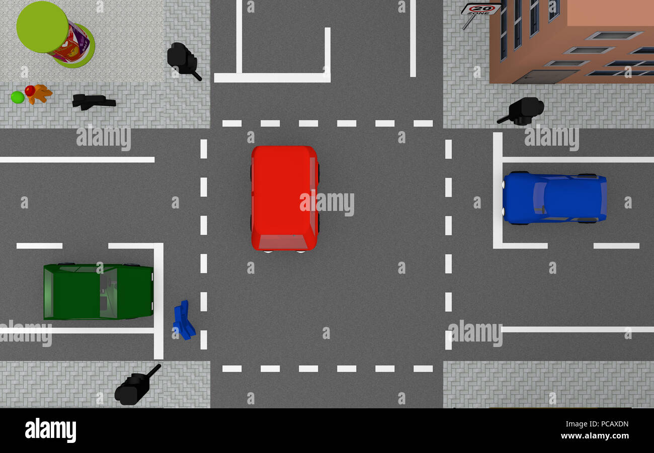 Road junction with colorful cars and traffic lights. View from above ...