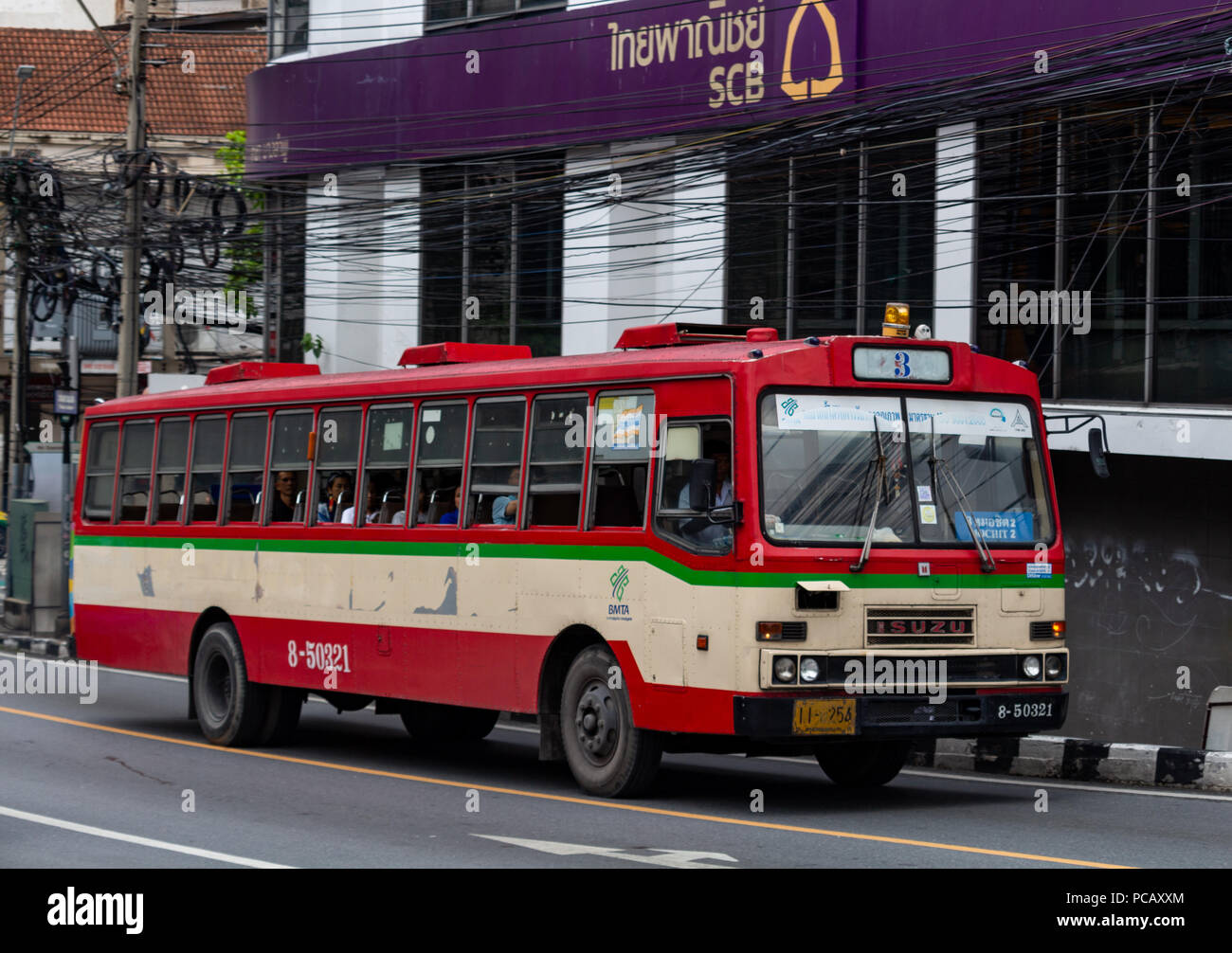 Bangkok, Thailand - April 30, 2018: Local vintage bus driving on the ...