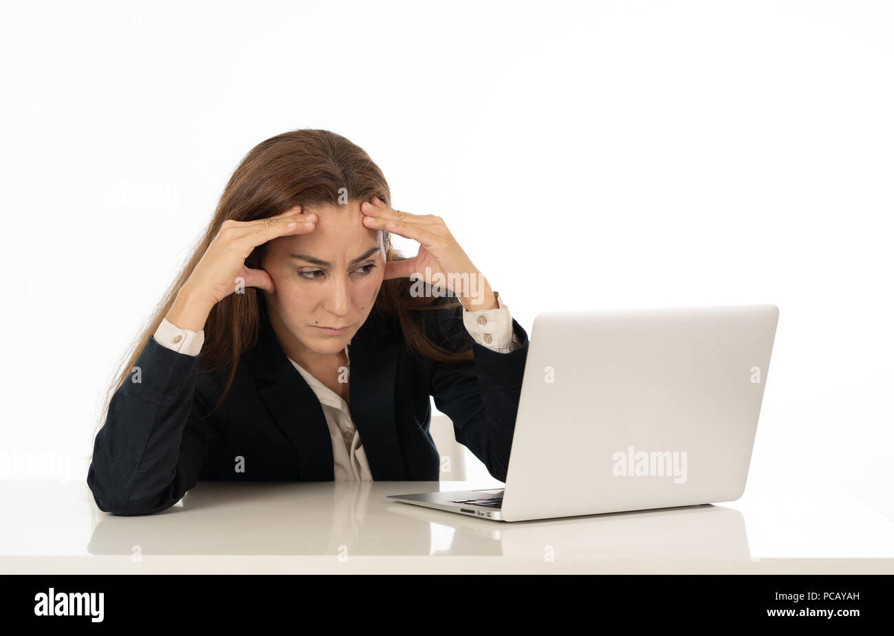 Young beautiful business woman suffering stress working at office ...