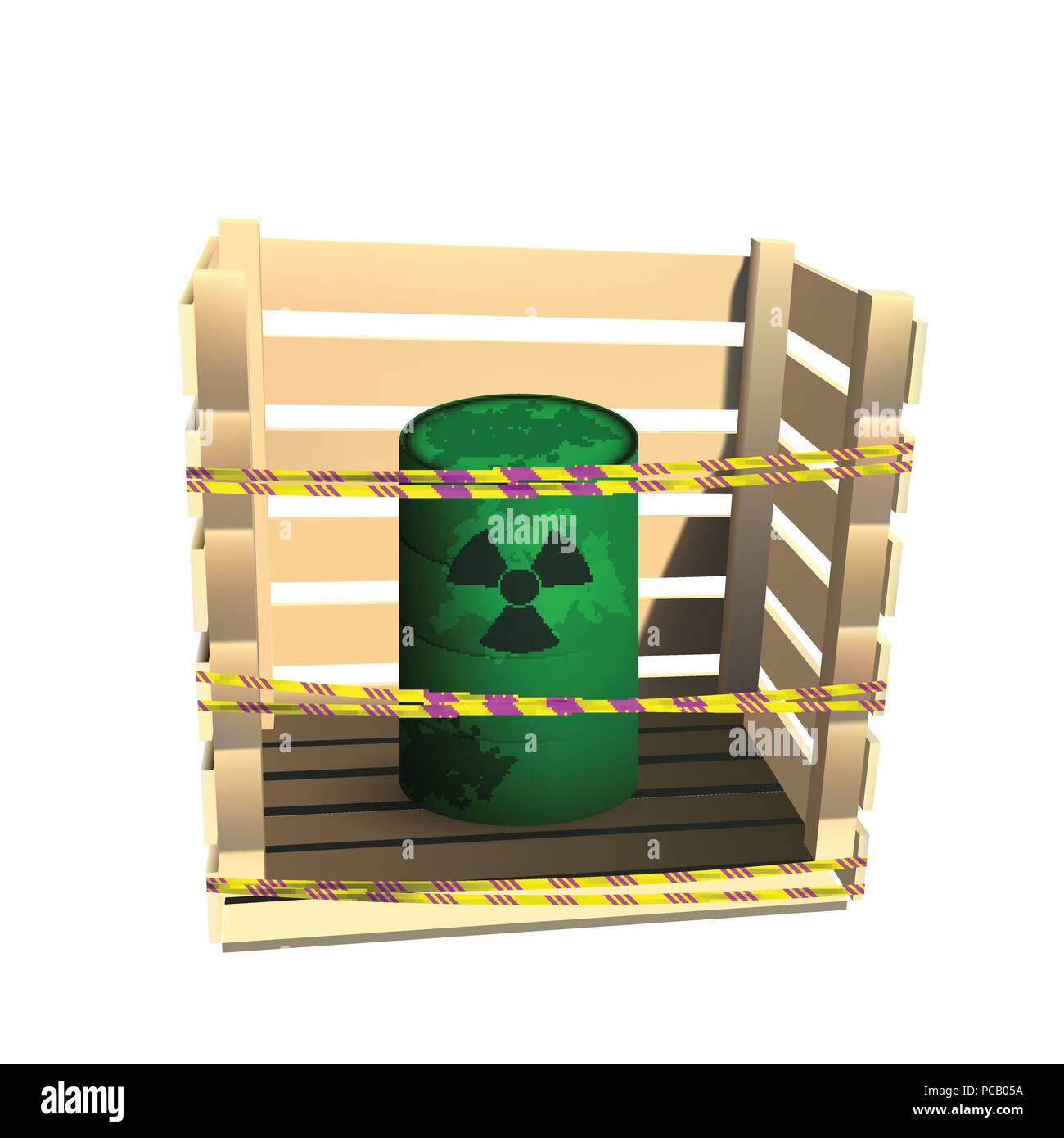 Green barrel with radioactive waste. Wooden box. Protective tape ...