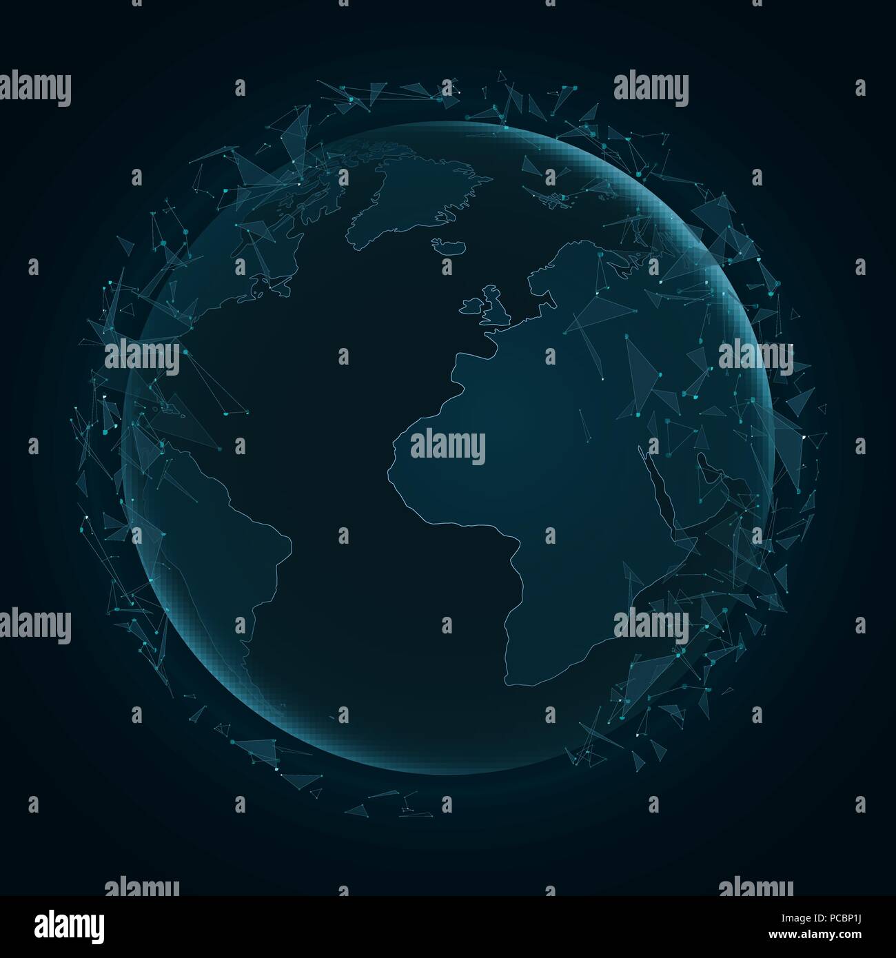 Abstract planet Earth with flying triangles. World map. Blue lights ... Abstract planet Earth with flying triangles. World map. Blue lights ...