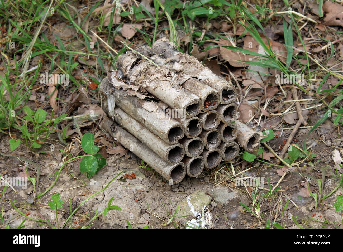 Amateur pyrotechnics fireworks box with sixteen shots discarded in ...