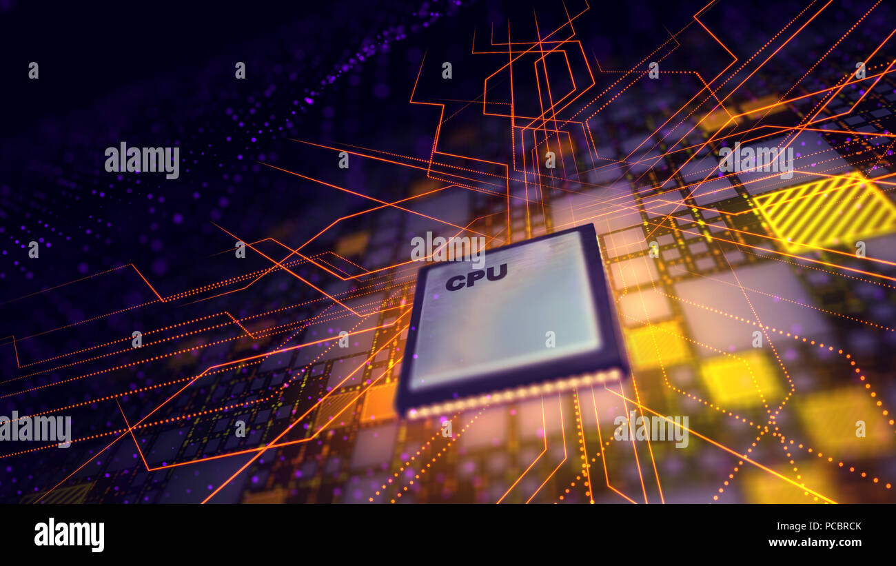 An impressive 3d illustration of a square CPU processor located aslant ...