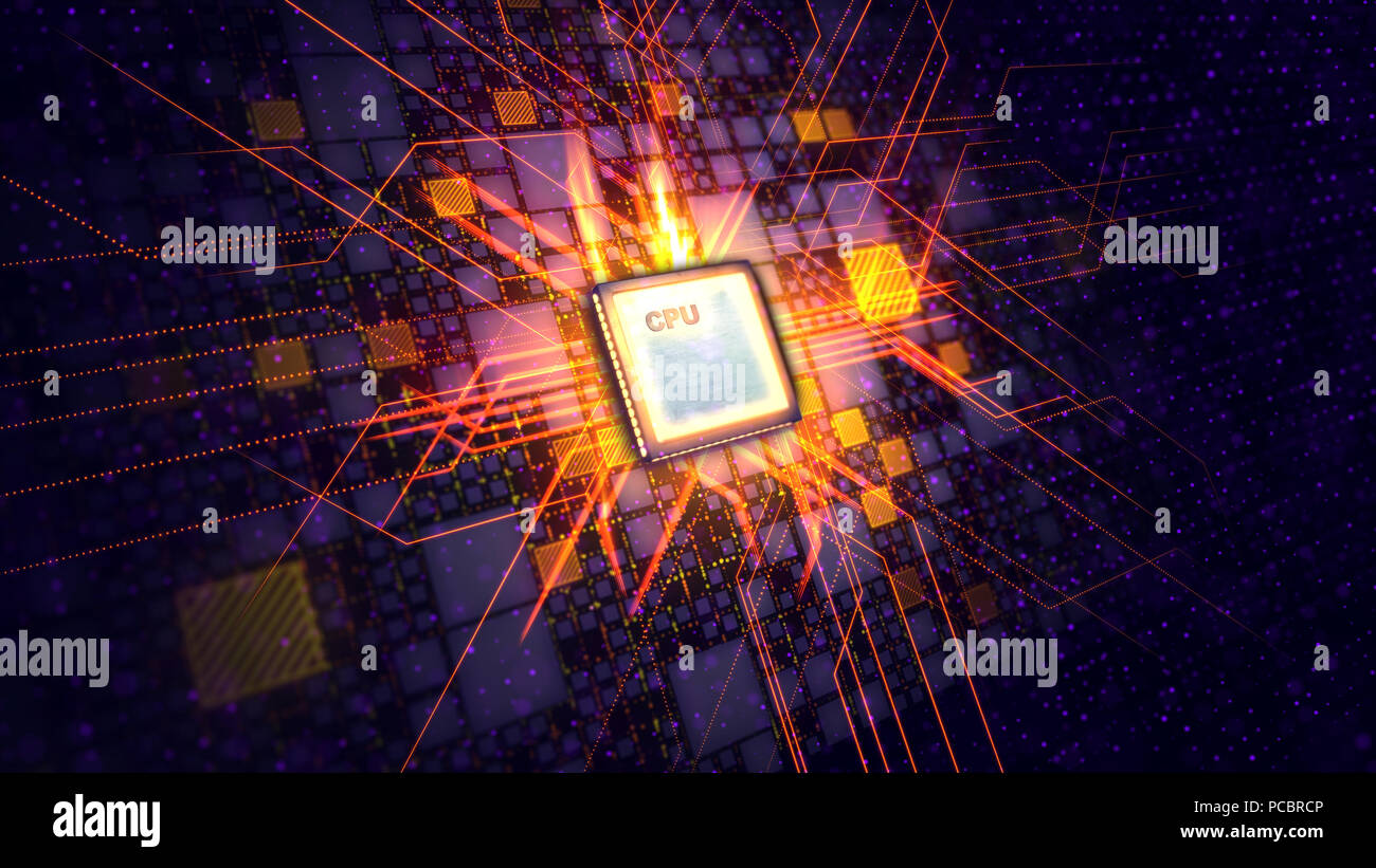 An exciting 3d illustration of a square CPU microprocessor with plasma ...