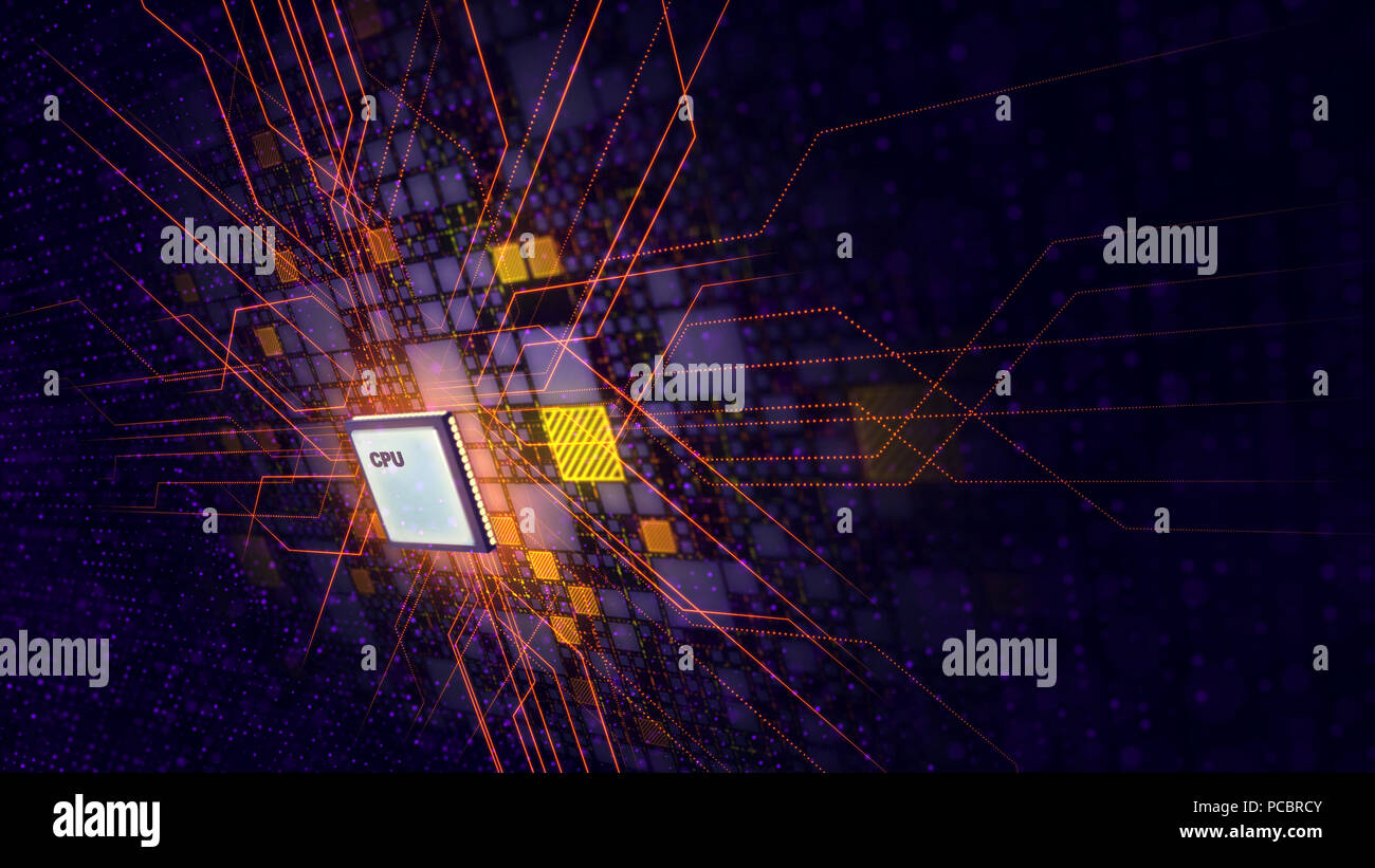 A technological 3d illustration of a square CPU microprocessor ...