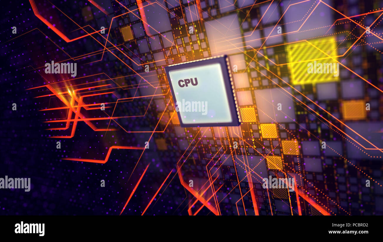3d rendering of a CPU processor put aslant in the violet backdrop. It ...