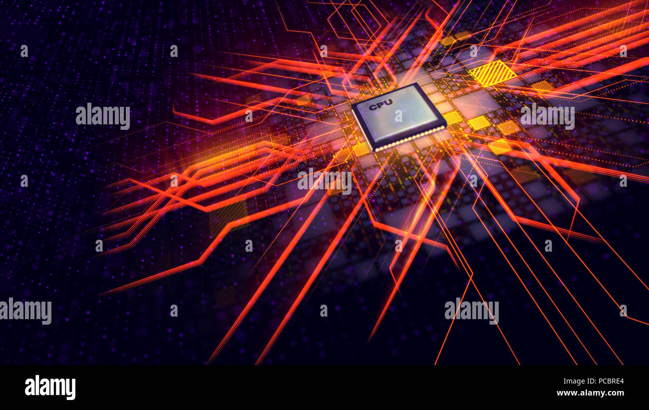 A mysterious 3d illustration of a square CPU processor shining like an ...