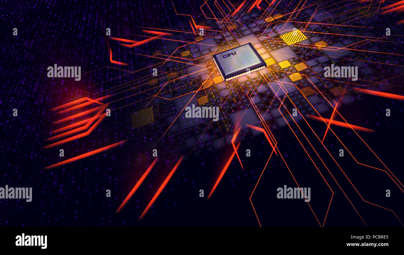 A hi-tech 3d illustration of a cubic CPU screen with diagonal and ...