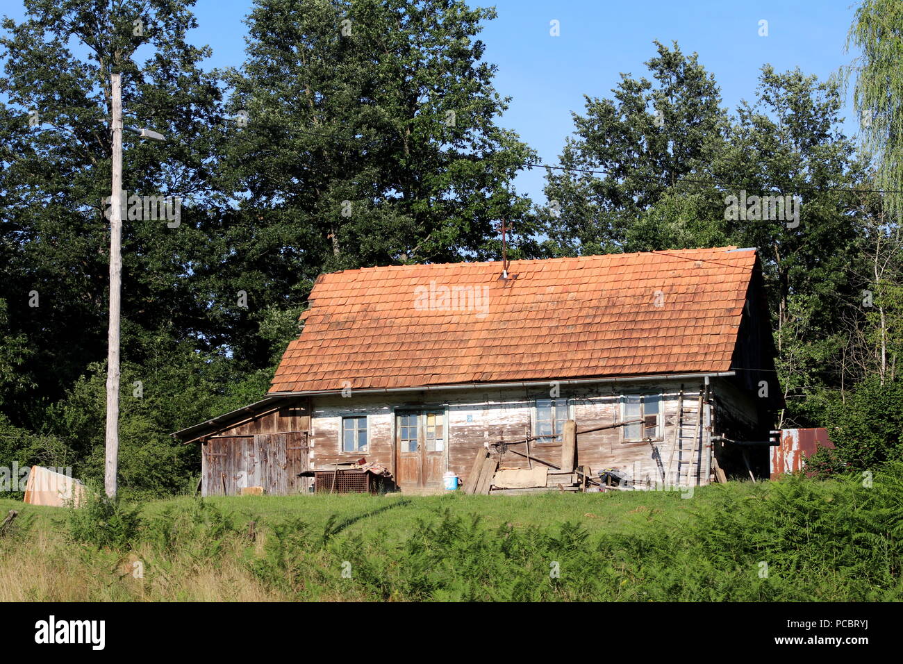 Small wooden house with dilapidated roof tiles and wooden boards next to tall wooden electrical ...