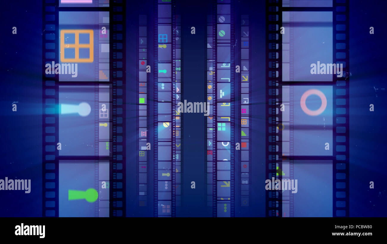 A dazzling 3d illustration of vertical film tapes beaming like mirrors ...