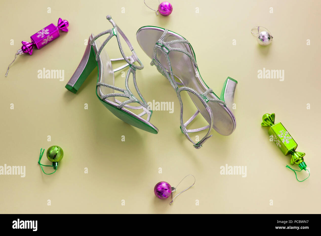 Decorative background yellow Christmas composition Flat lay box gift ...