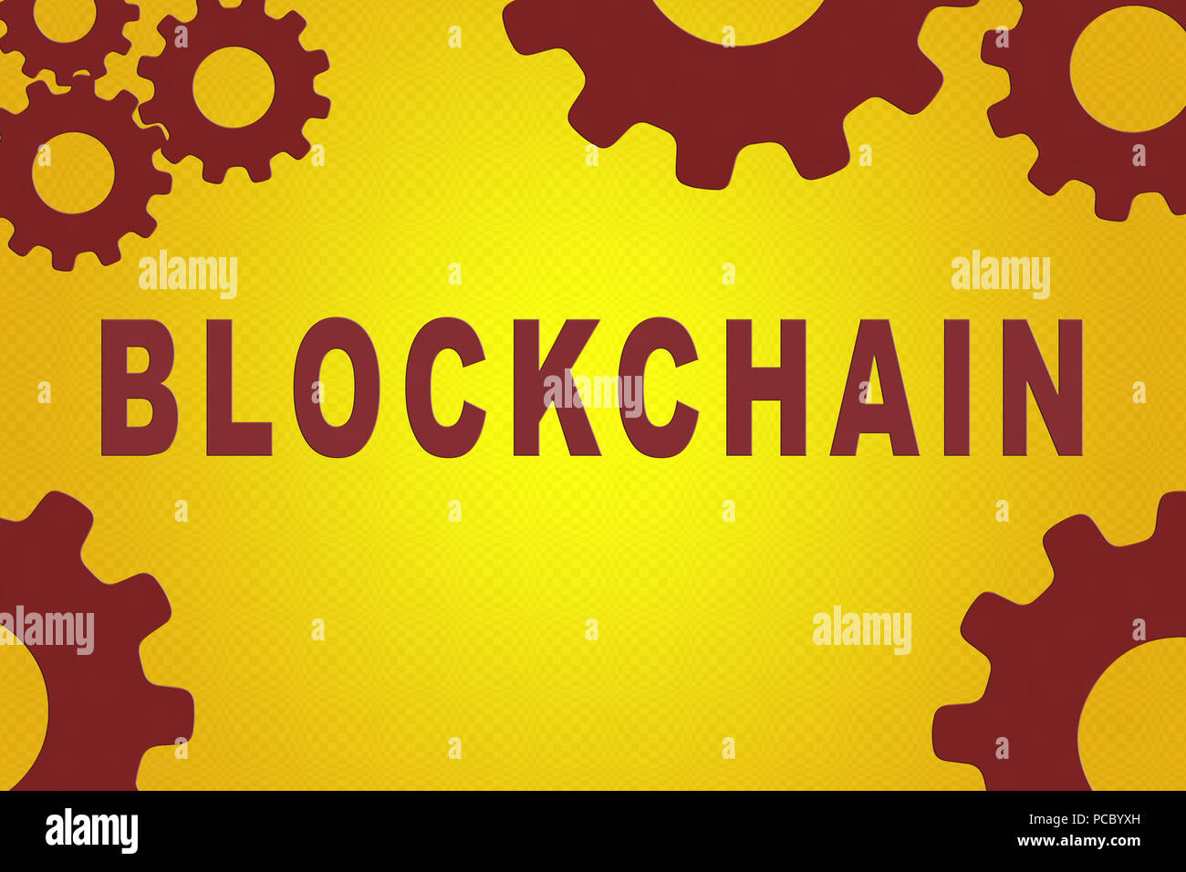 BLOCKCHAIN sign concept illustration with red gear wheel figures on ...