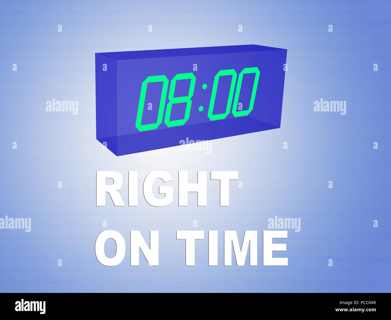 3D illustration of RIGHT ON TIME title with a clock and blue gradient ...