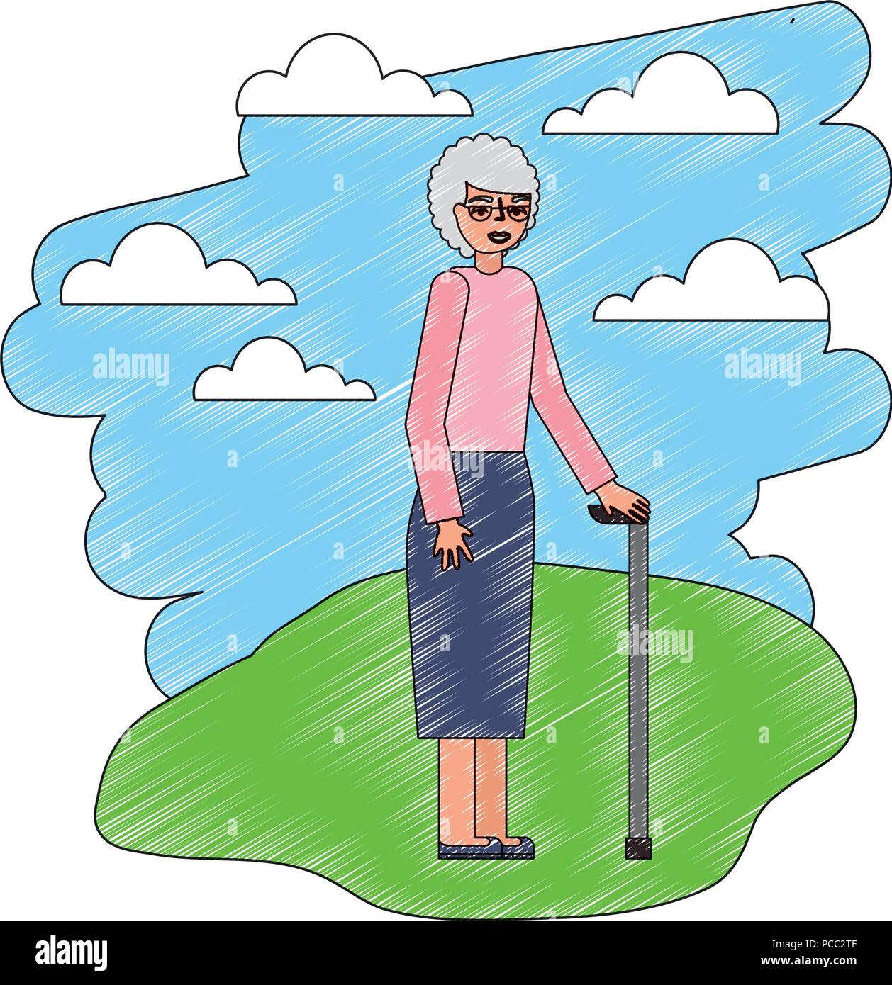 grandmother with stick cane in the landscape vector illustration Stock ...