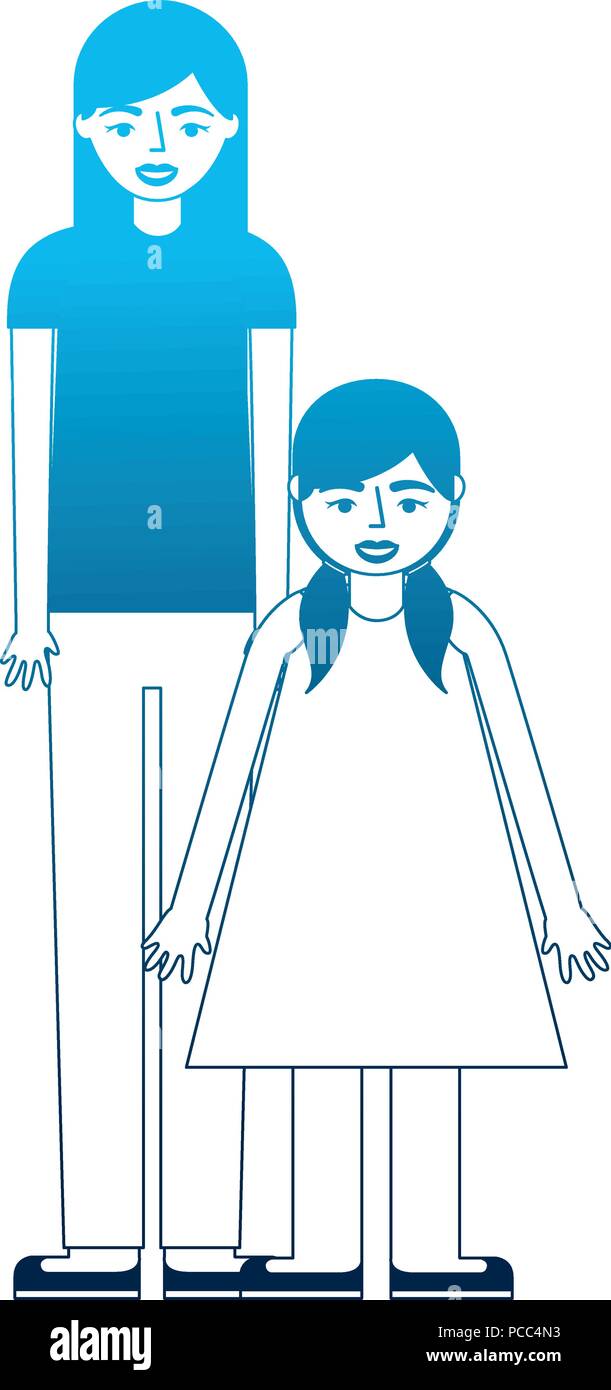 teenager and girl sisters family vector illustration blue neon Stock ...