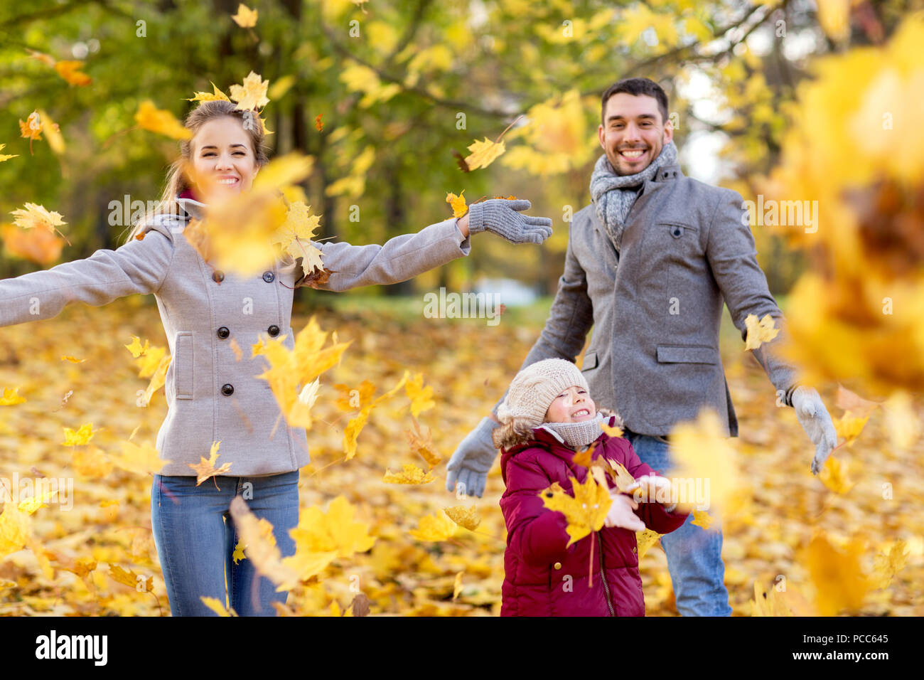 happy family playing with autumn leaves at park Stock Photo - Alamy