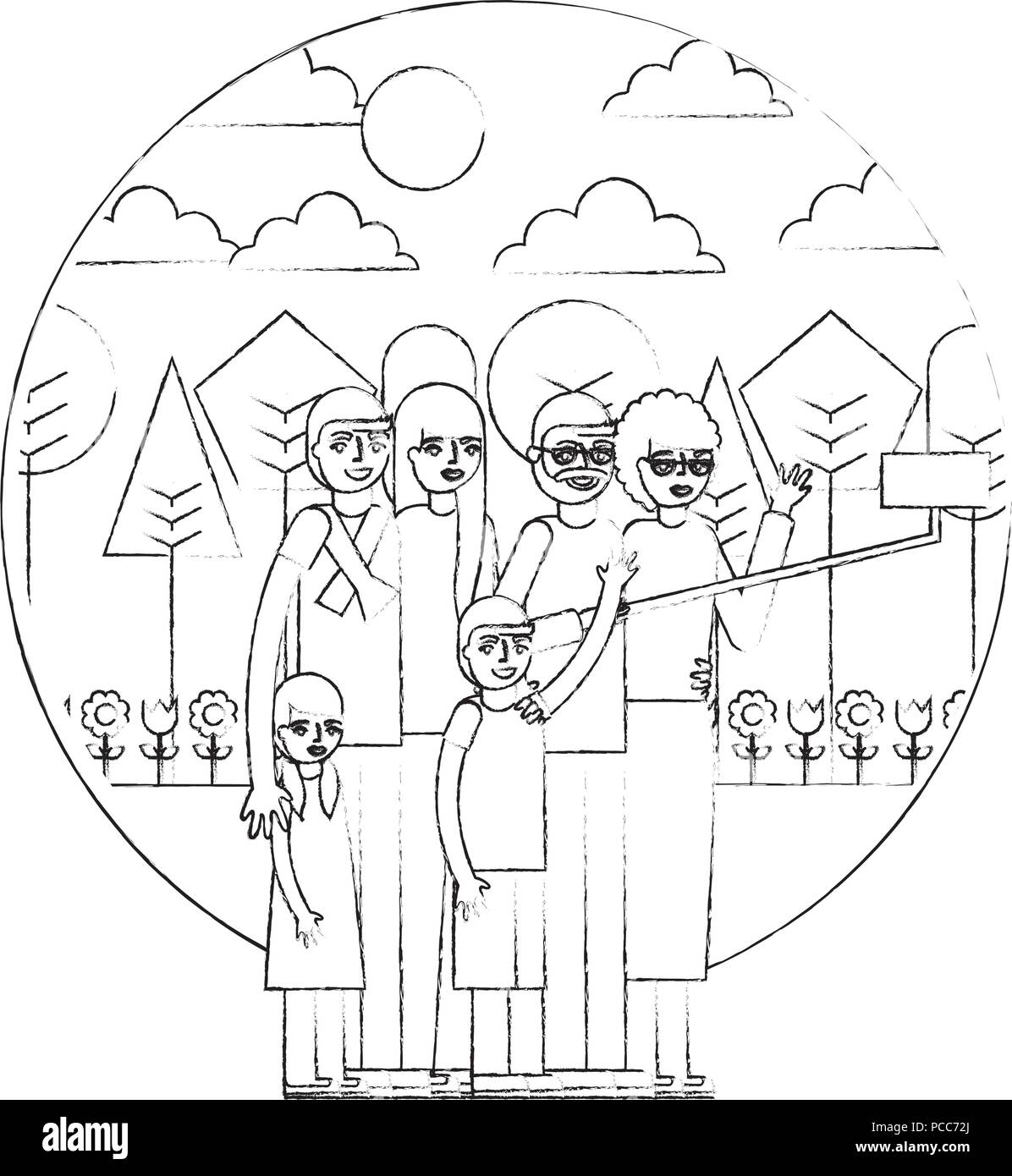 grandparents and parents with kids making selfie in park vector ...