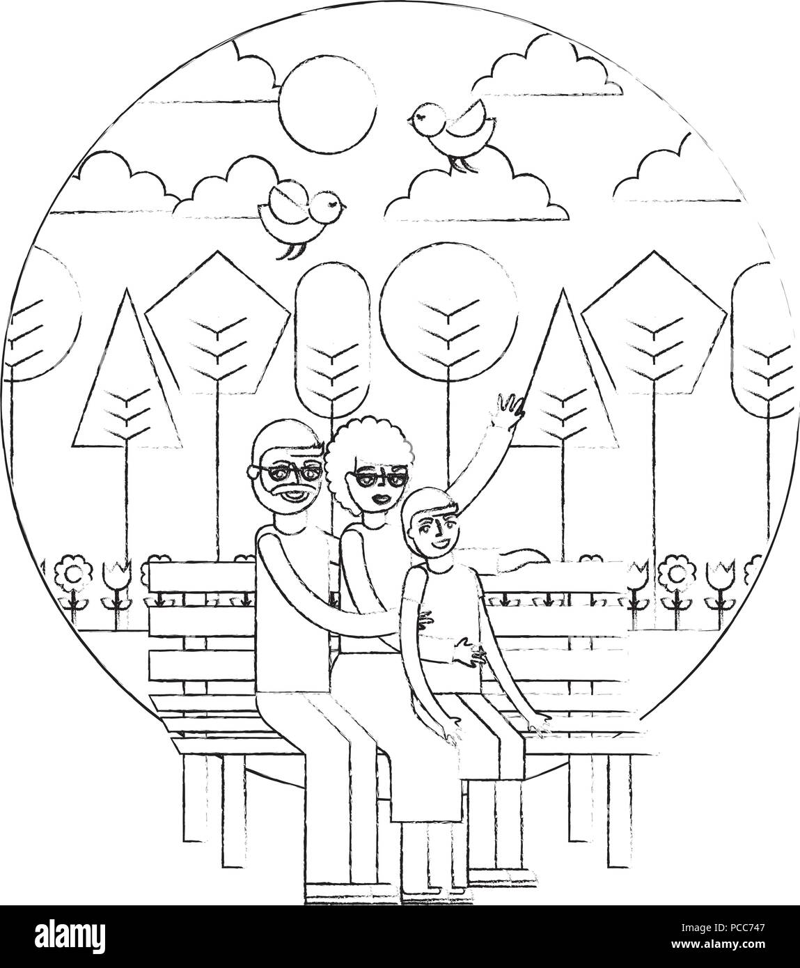 grandparents with grandson sitting on bench park landscape vector ...