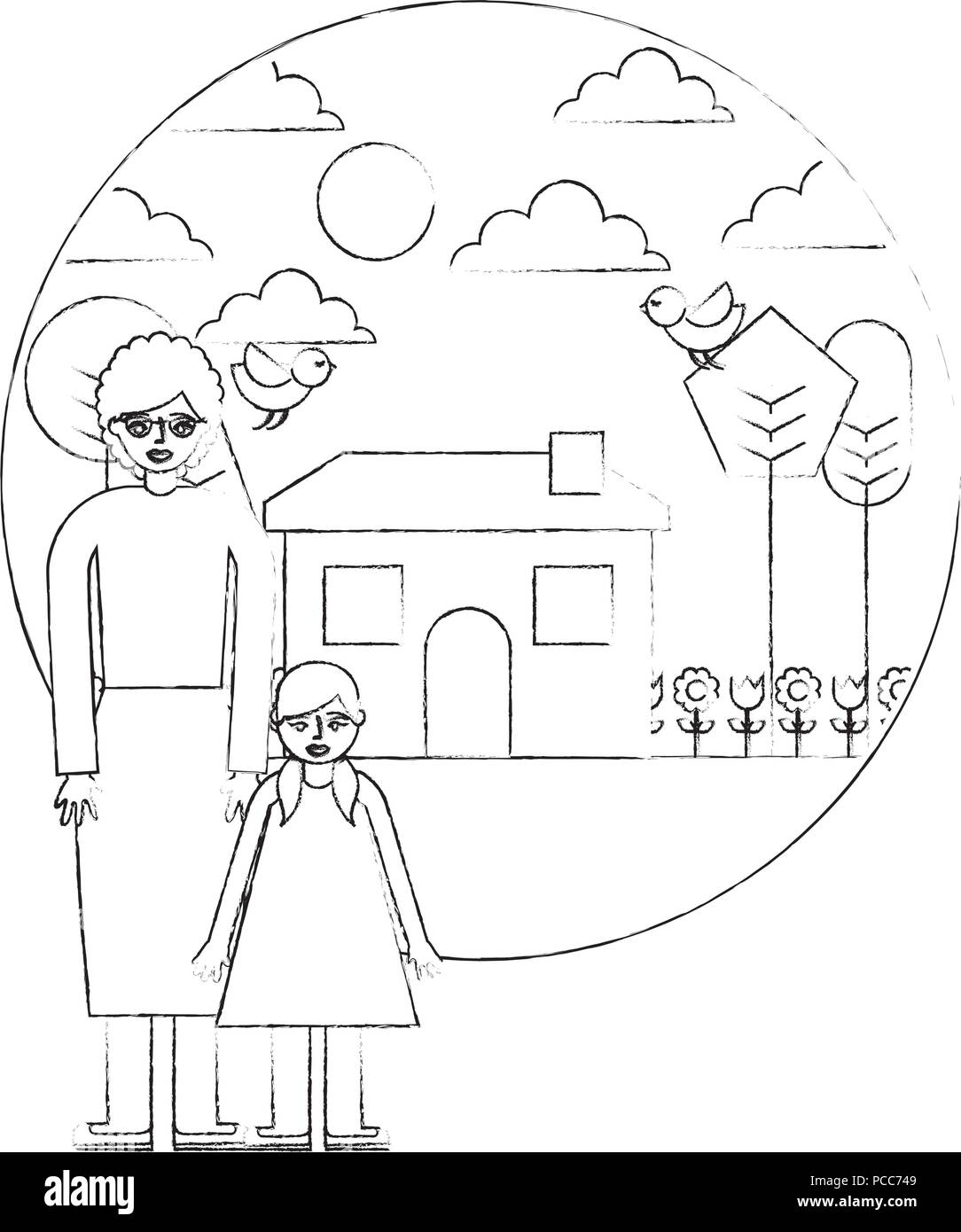 grandma and granddaugther house garden nature vector illustration hand ...