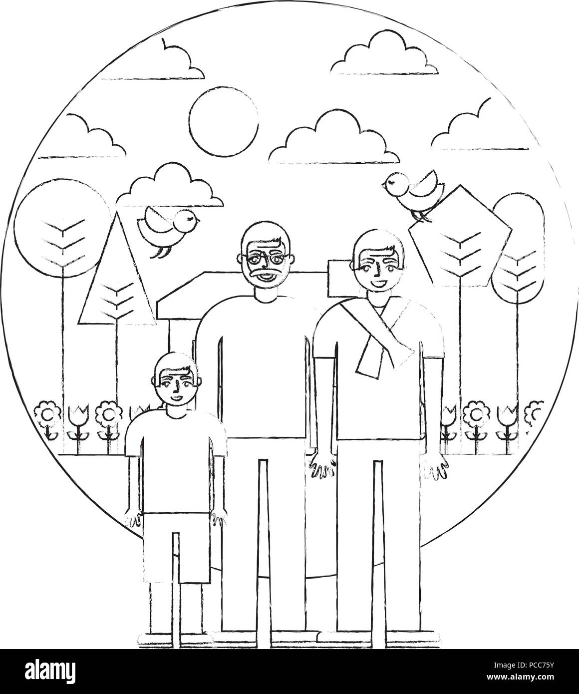 grandfather dad and son together house garden trees vector illustration ...