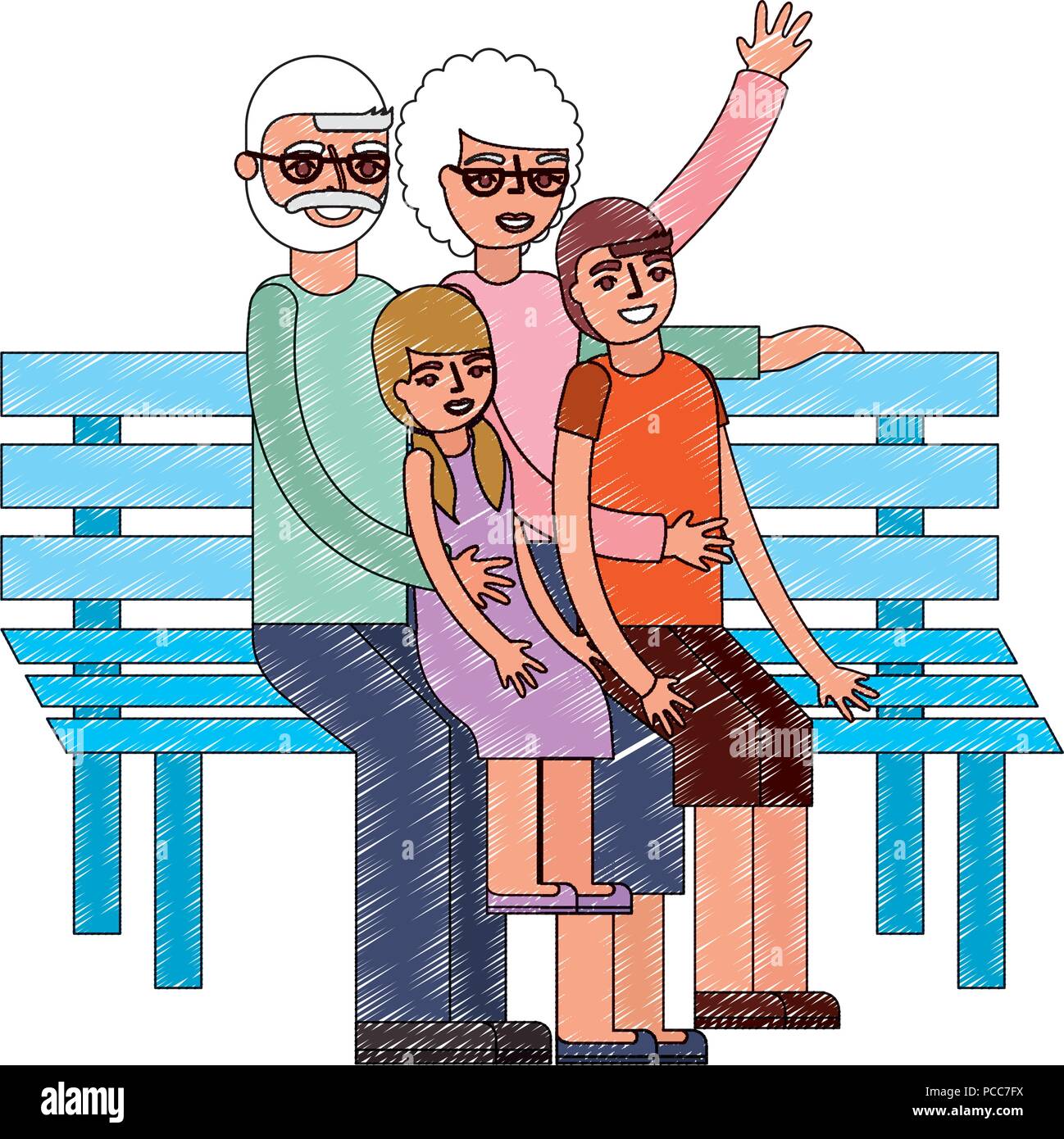 grandparents with grandchildren sitting on bench vector illustration ...