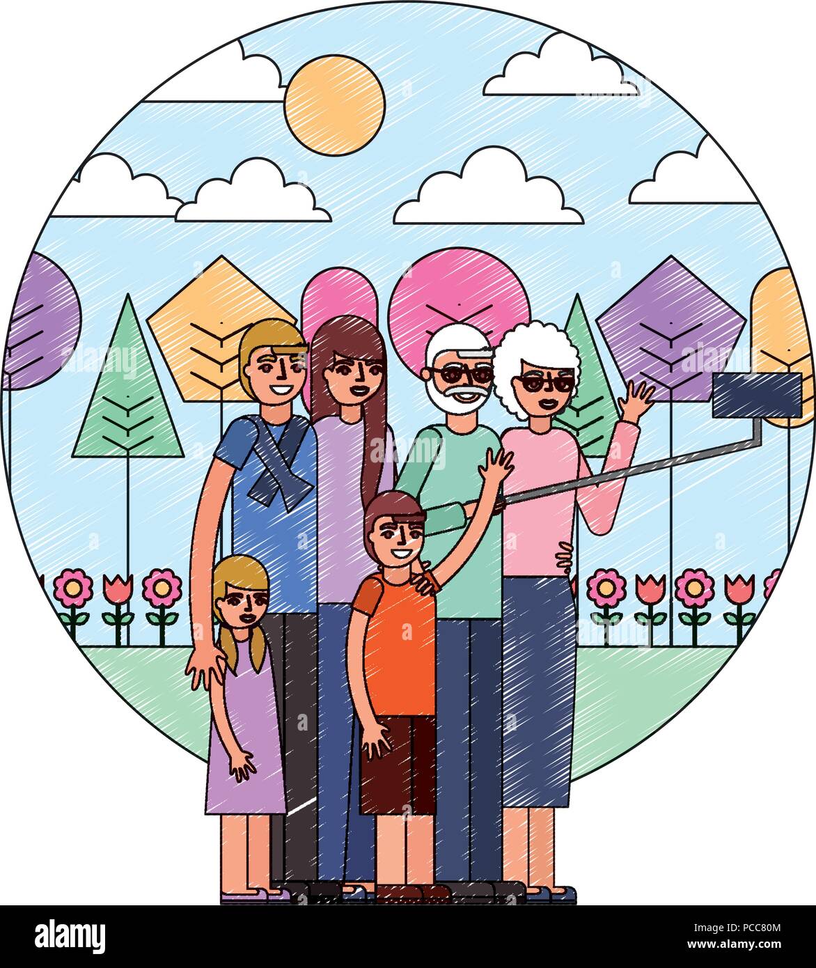 grandparents and parents with kids making selfie in park vector ...