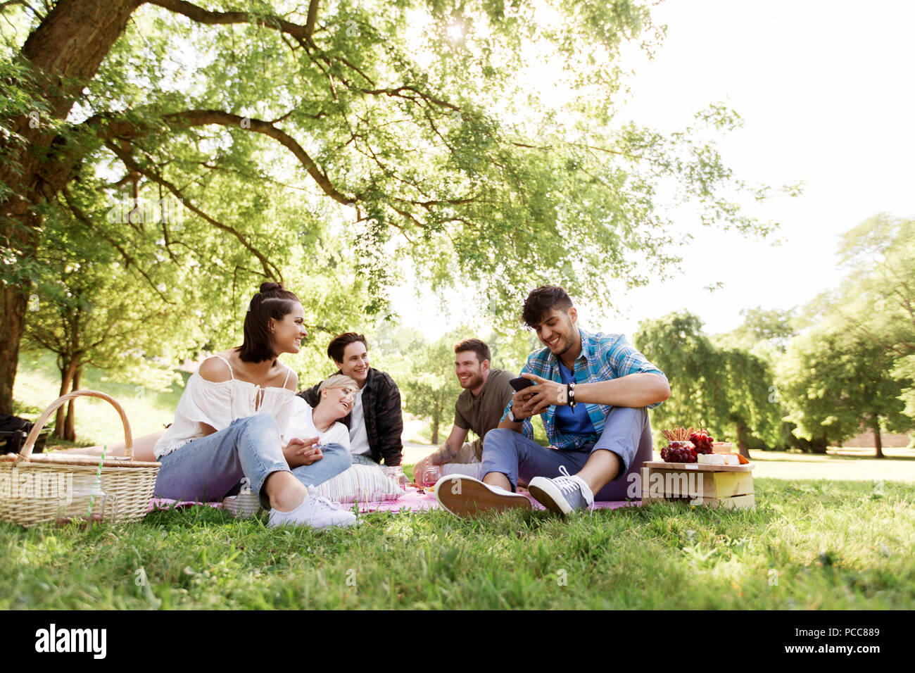 friends with smartphones on picnic at summer park Stock Photo - Alamy