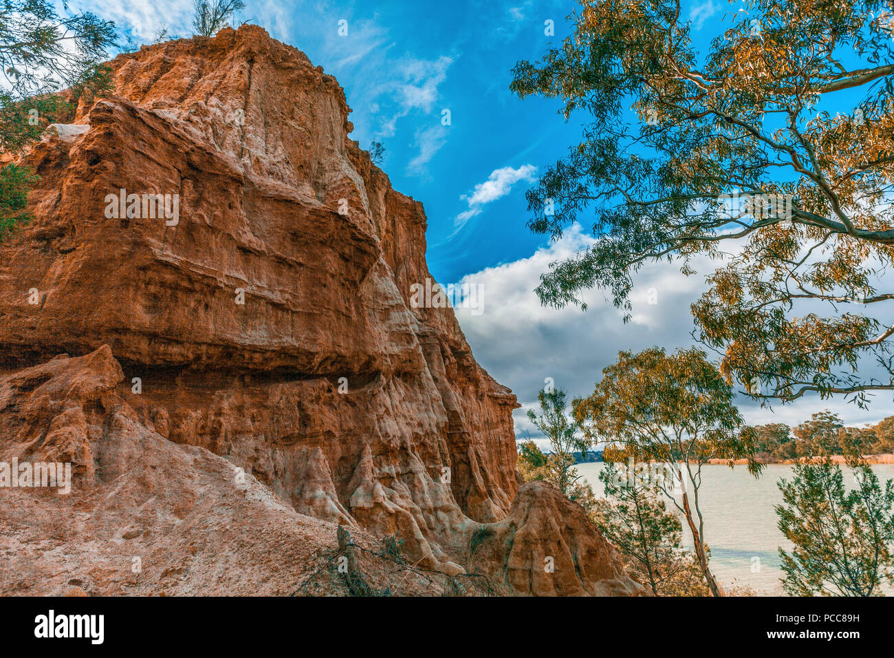 Beautiful sandstone cliffs over Murray River in South Australia Stock ...